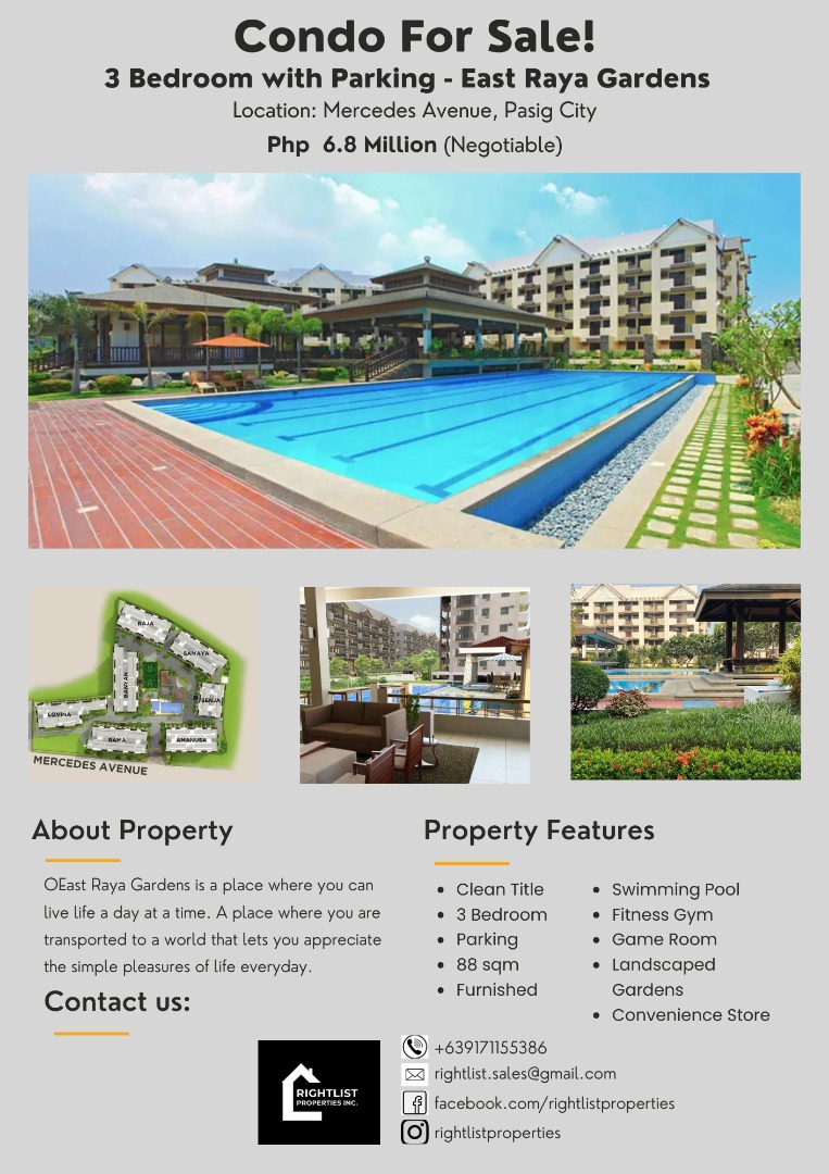 Condo for Sale in Pasig 3 Bedroom with Parking at East Raya Gardens ...
