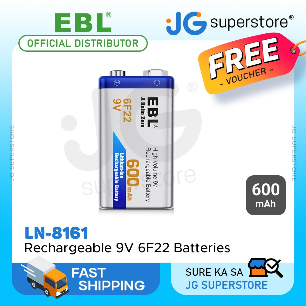 EBL 9V 6F22 600mAh High Volume Li-ion Lithium Ion Rechargeable Batteries with Up to 1200 ...