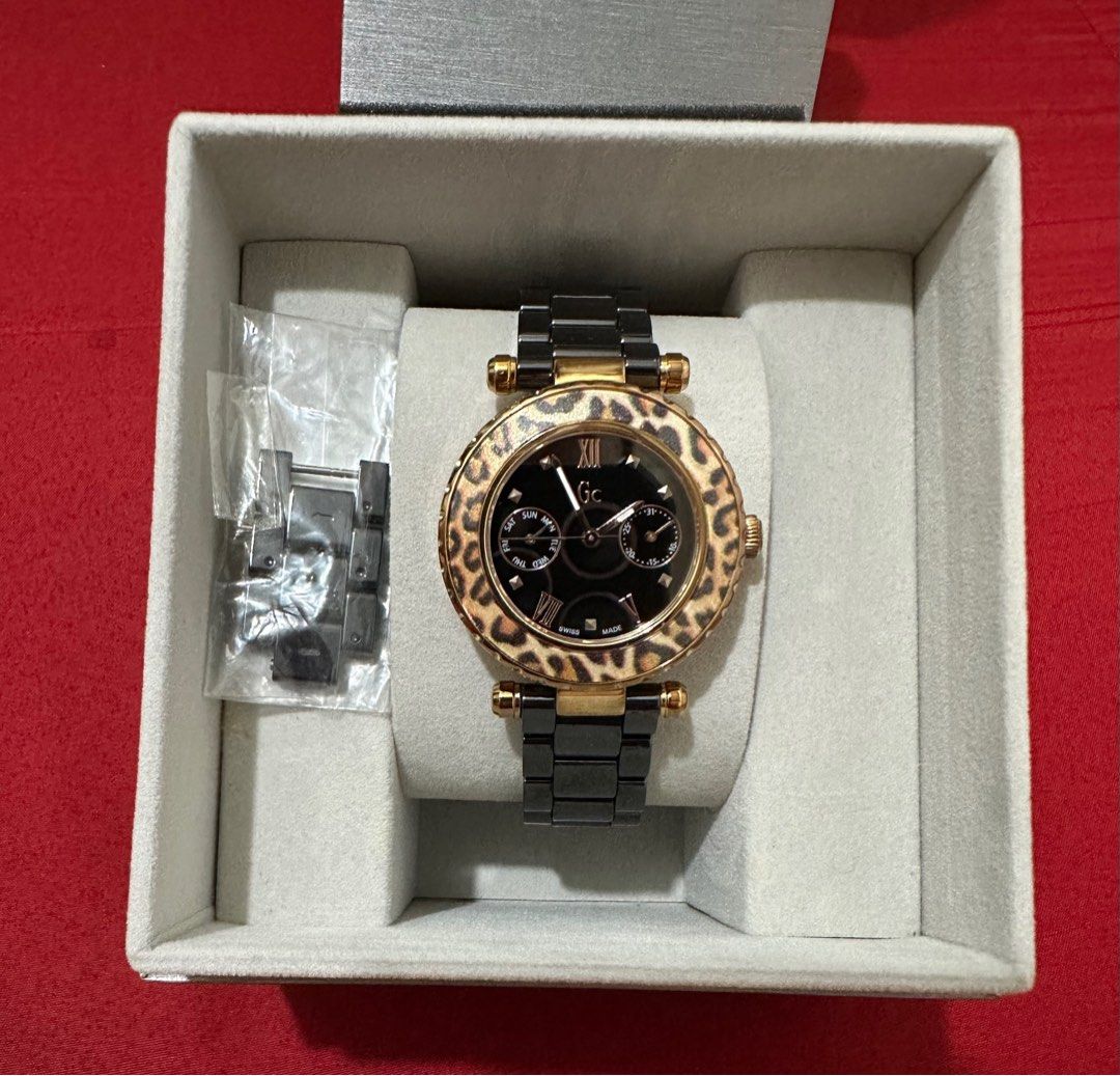 GC Black Ceramic Diver Chic Leopard Print Watch, Women's Fashion ...