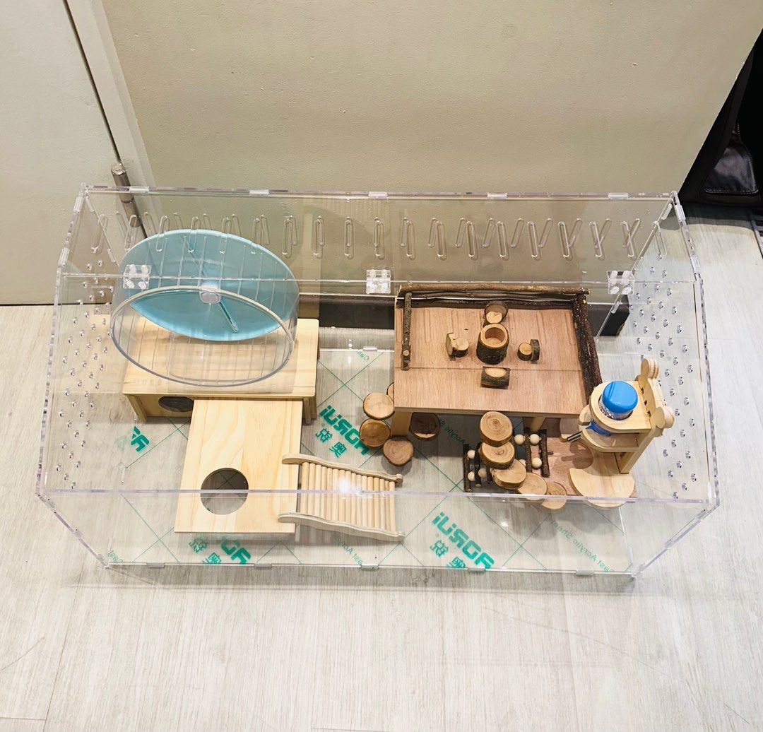 Hamster Acrylic Cage 80cm 100cm wooden accessories running wheel water ...