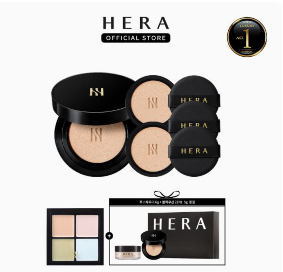 HERA makeup set Black Cushion Deluxe + Loose Powder 6g + Black Cushion 21N1 5g + Face Correcting ...