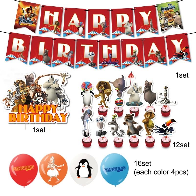 Madagascar Birthday Theme Set: HBD Banner, Big Cake Topper, Cupcake ...