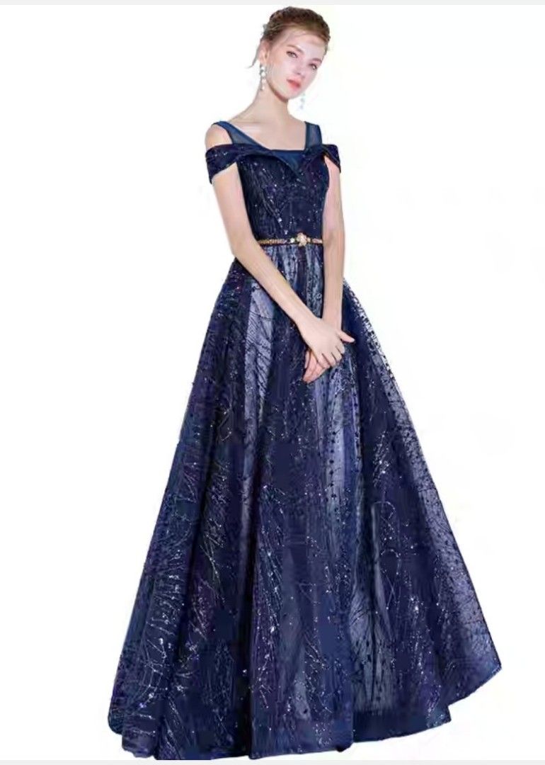 Navy Blue Sparkly Sequin Evening Gown, Women's Fashion, Dresses & Sets ...