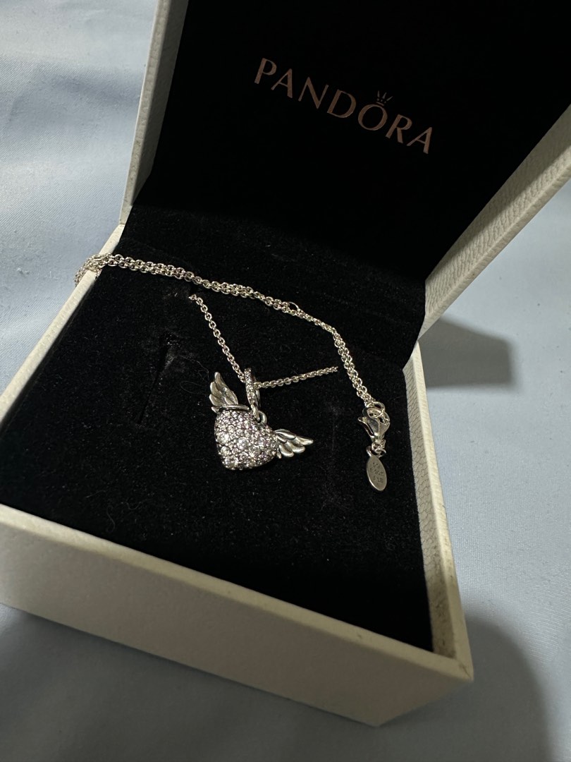 Pandora - Pavé Heart and Angel Wings Necklace, Women's Fashion, Jewelry ...