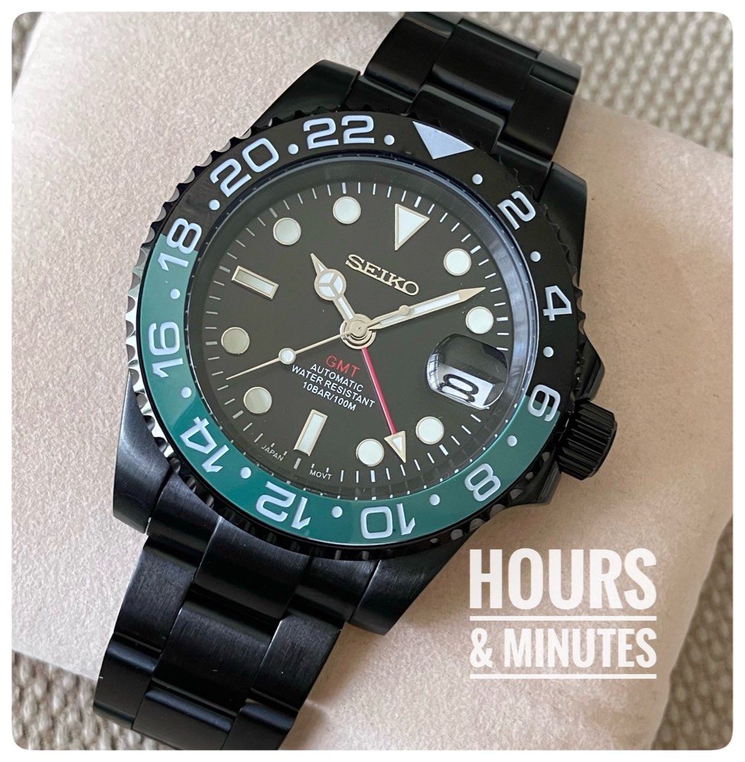 Black GMT Sprite automatic watch - Seiko mod, Men's Fashion, Watches ...
