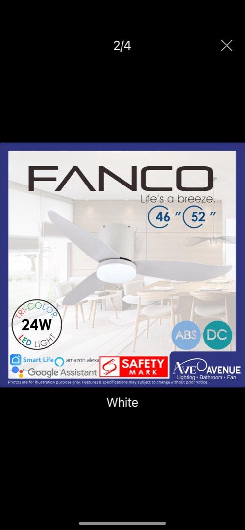 FANCO CO-FAN Rito-3 SMART DC Motor 46 inch 3 Blade Ceiling Fan w/ 3 ...