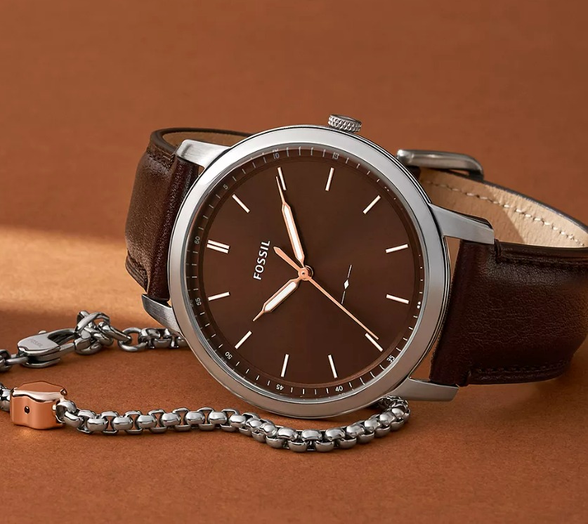 Fossil Minimalist Fs6019set Mens Quartz Classic Dress Brown Analog Silver Bracelet Box Set