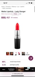 MAC Matte Lipstick - Lady Danger, Beauty & Personal Care, Face, Makeup ...