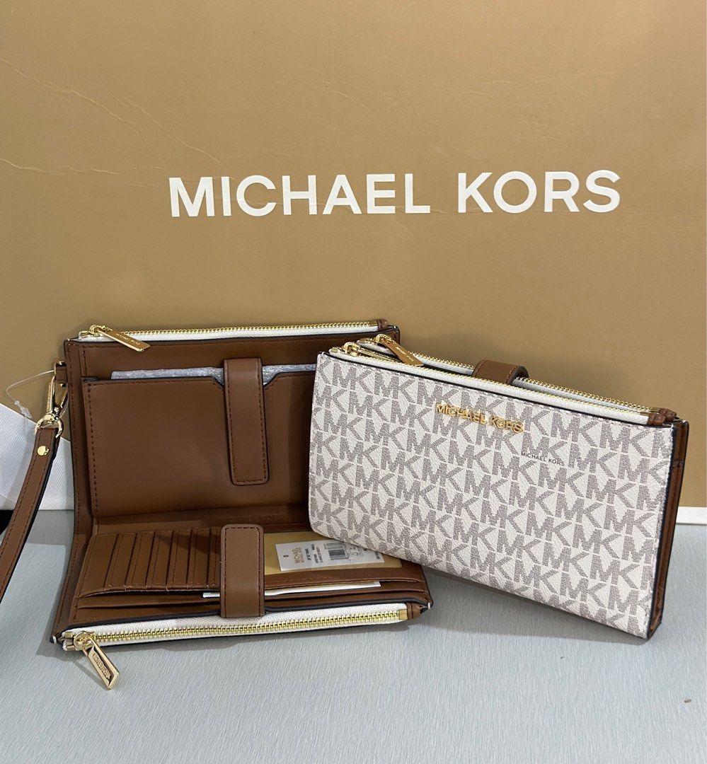 MK Double Zip Wristlet in Vanilla, Luxury, Bags & Wallets on Carousell