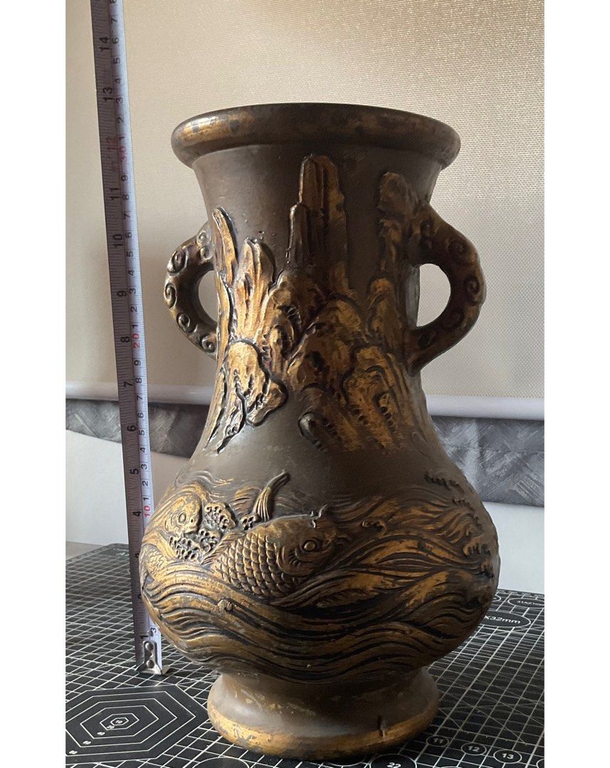 Vintage Handcurved Landscape Nature Feng Shui Koi Fish Resin Brown Vase ...