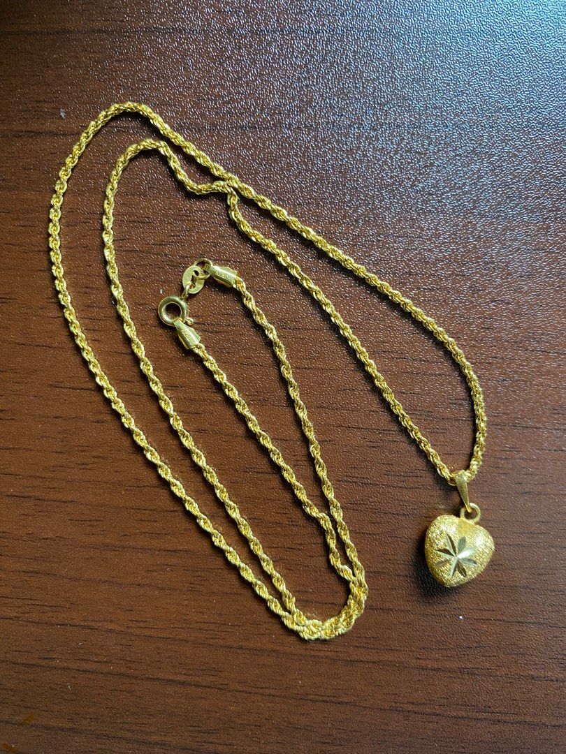 21K Saudi Gold Rope Chain Necklace with Heart Pendant (Buo), Women's ...