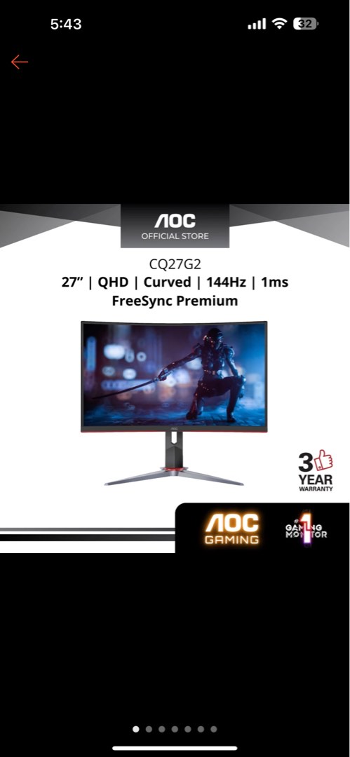 AOC CQ27G2 curved monitor, Computers & Tech, Parts & Accessories ...
