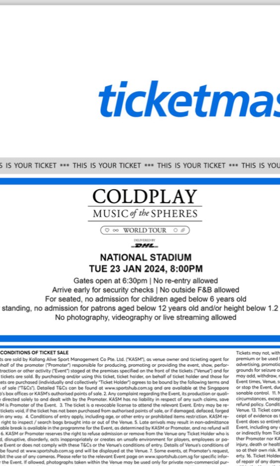 COLDPLAY CAT7 x1 TICKET, 23 Jan, Tickets & Vouchers, Event Tickets on ...