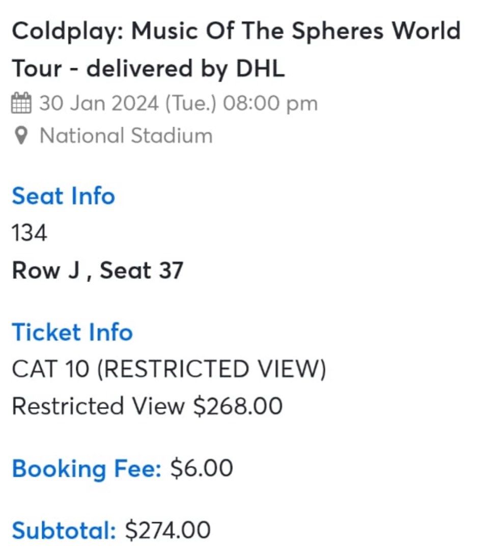 Coldplay Ticket (1 X Cat 10), Tickets & Vouchers, Event Tickets on ...