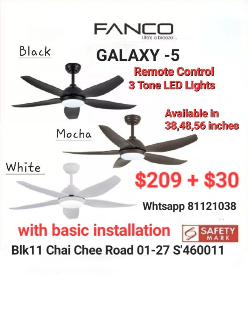 FANCO Galaxy 5- Remote DC Ceiling Fan With 3 Tone LED Lights, Ceiling ...