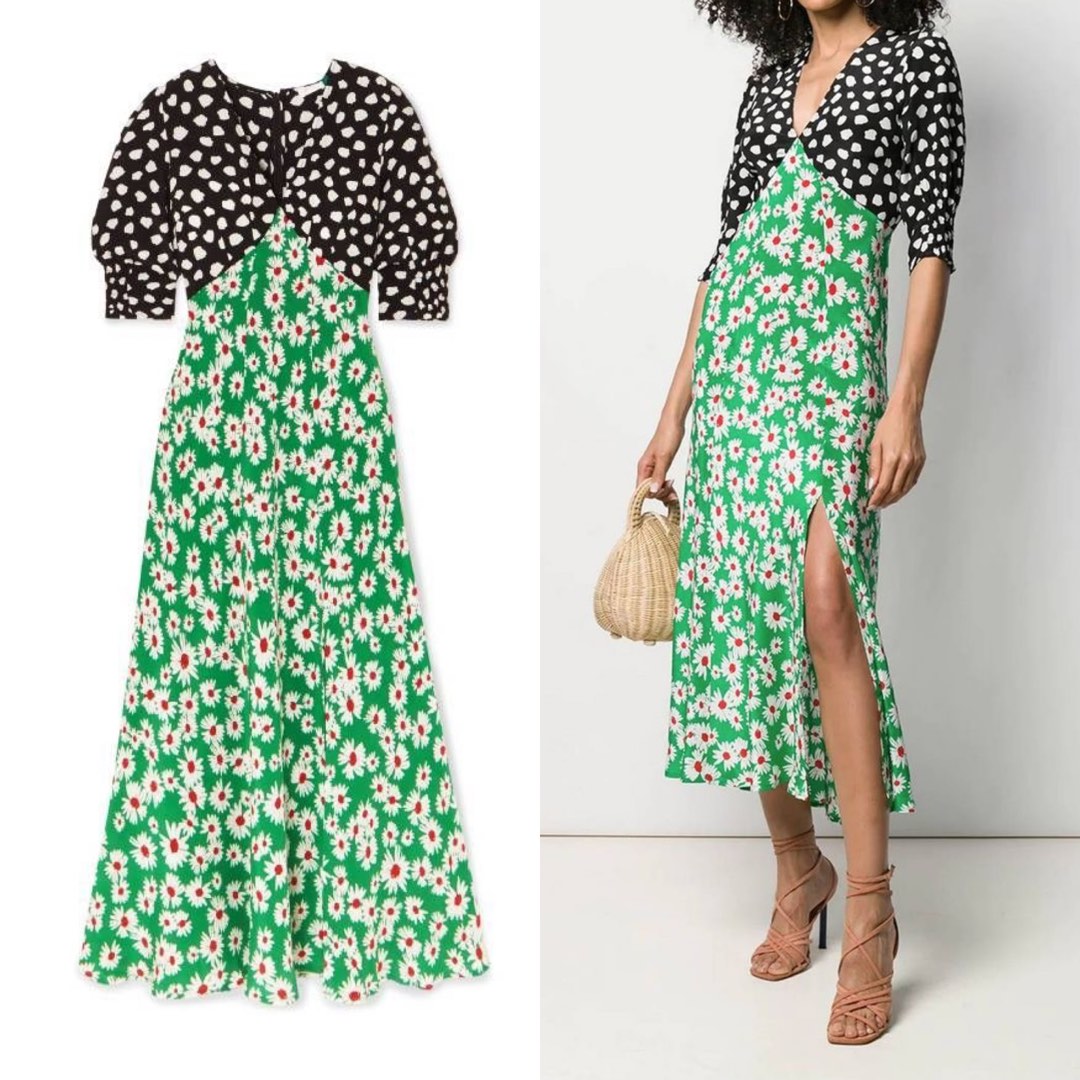 Rare Floral V-neck A-line Fashion Green and Black Midi Dress with Front ...