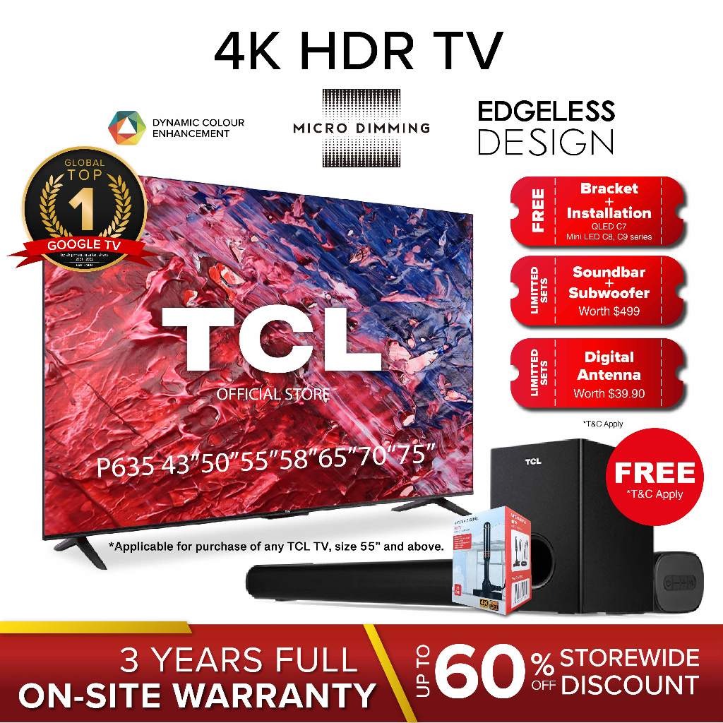 TCL P635 4K Google TV Android TV | 43 50 55 58 65 75 inch | 4K TV ...