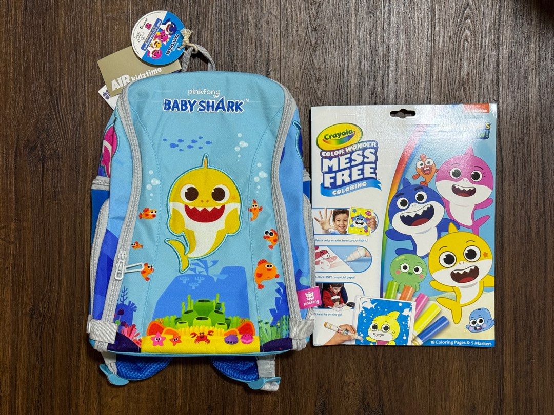 Baby shark backpack + Crayola mess free colouring set, Babies & Kids ...