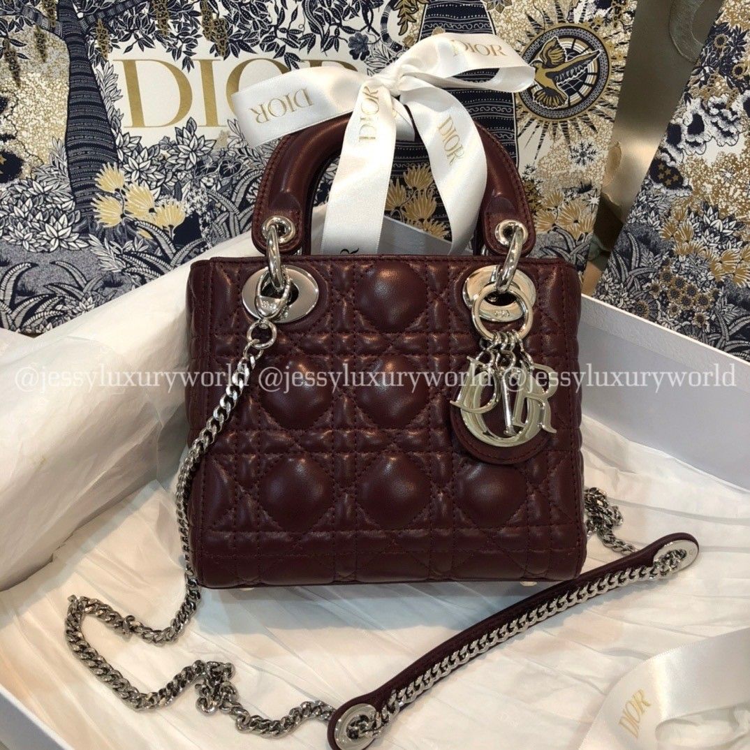 CD Lady Mini Bag Dark Red Silver Hardware, Women's Fashion, Bags ...