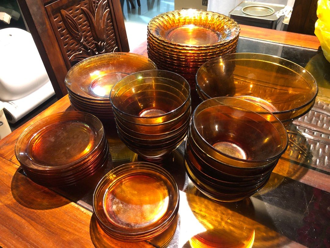 Classic vintage brown glass plate set, Furniture & Home Living ...