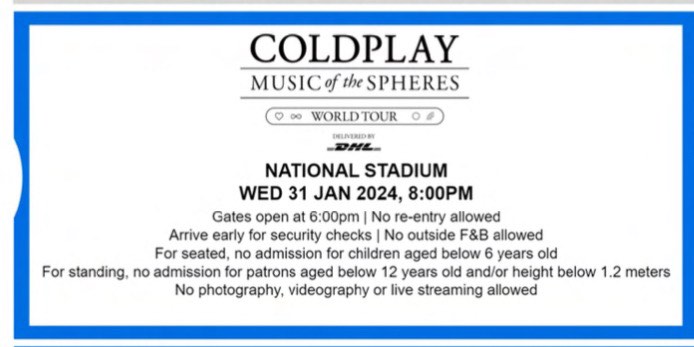 Coldplay standing concert ticket (31 Jan, 8pm), Tickets & Vouchers ...
