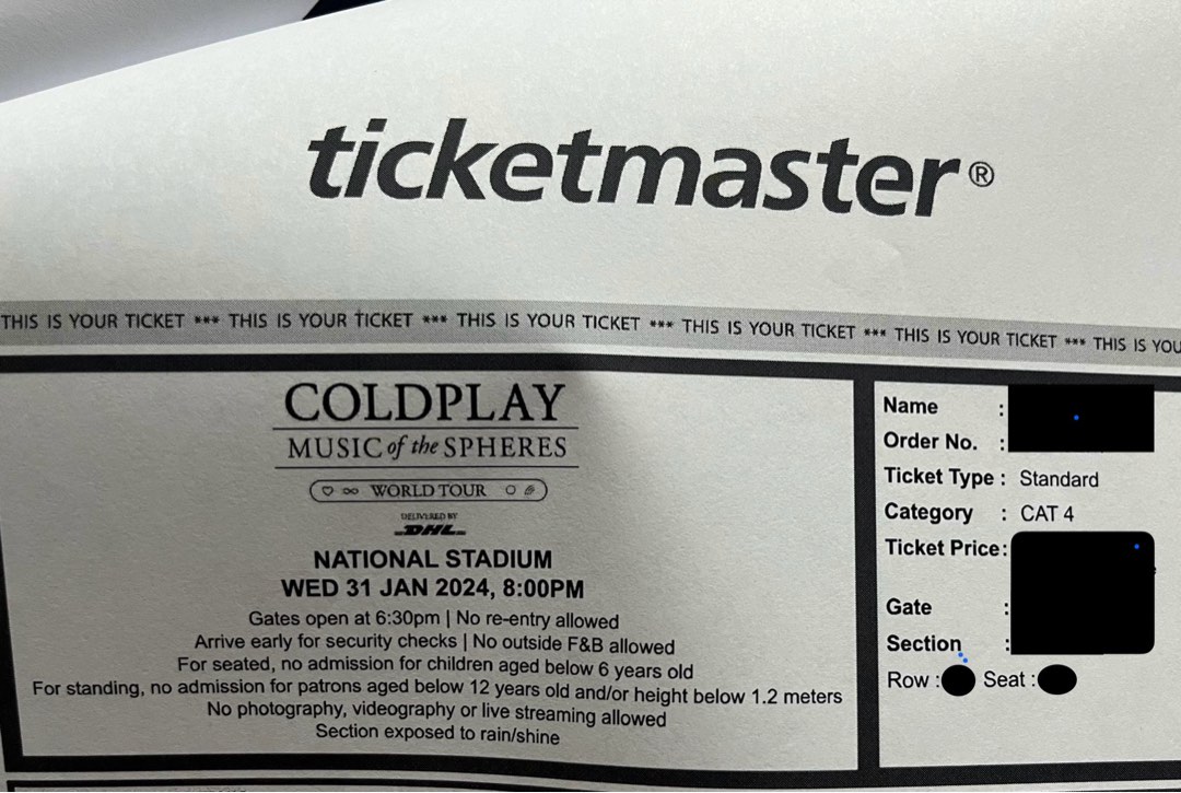 COLDPLAY ticket: 31st Jan, Tickets & Vouchers, Event Tickets on Carousell