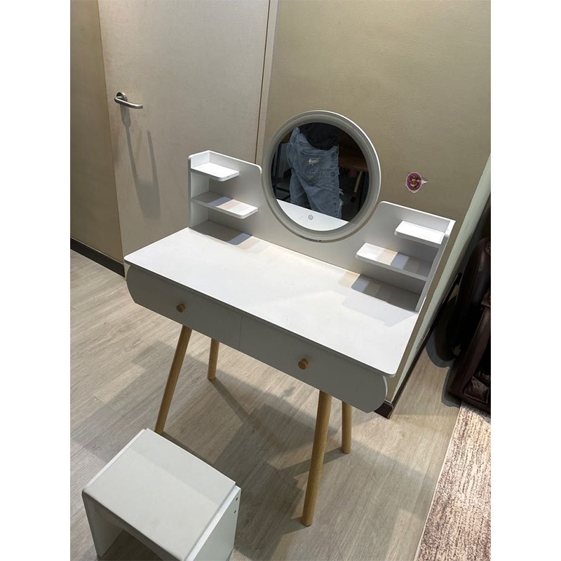 Dressing Table with round mirror 80cm White/Light wood Storage Dressing ...