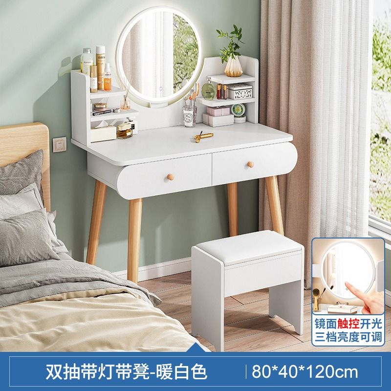 Dressing Table with round mirror 80cm White/Light wood Storage Dressing ...
