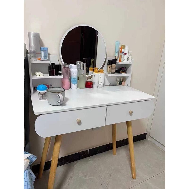 Dressing Table with round mirror 80cm White/Light wood Storage Dressing ...