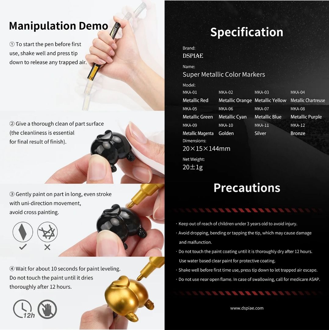 DSPIAE Super Metallic Color Markers (12 colours), Hobbies & Toys ...