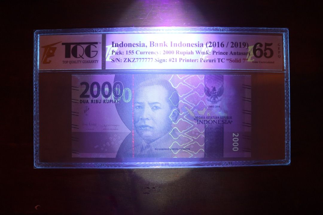 Indonesian 65GEPQ 2,000 Rupiah Solid 7 Banknote ZKZ777777 Year 2016 ...