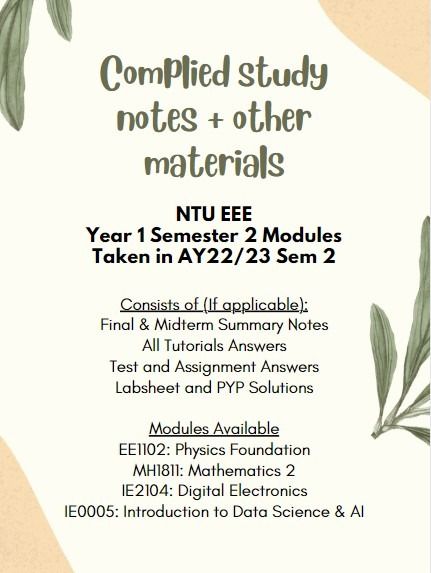 NTU EEE Course Materials Year 1 Sem 2 - Most Recent (AY22/23 Sem 2 ...
