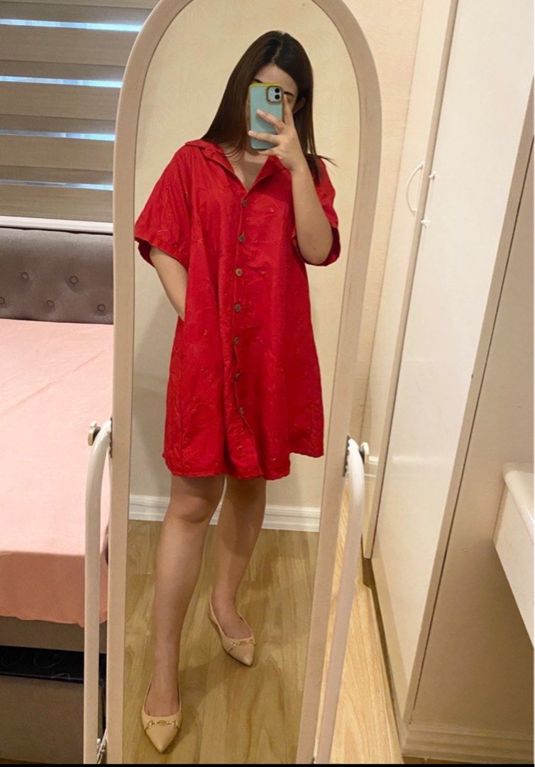 Red Eyelet Dress Oversized Dress, Women's Fashion, Dresses & Sets ...