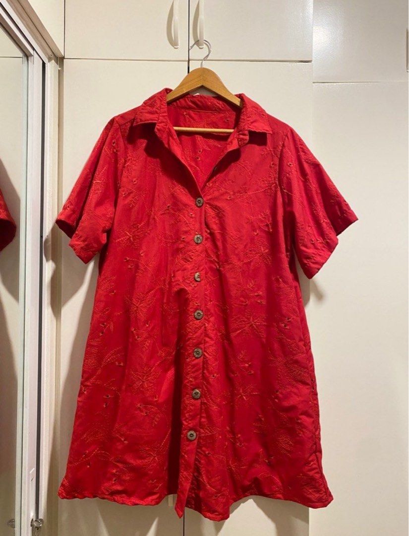Red Eyelet Dress Oversized Dress, Women's Fashion, Dresses & Sets ...