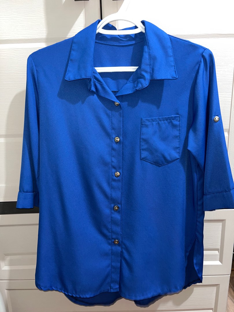 Royal Blue Formal Office Longsleeves Blouse Top, Women's Fashion, Tops ...