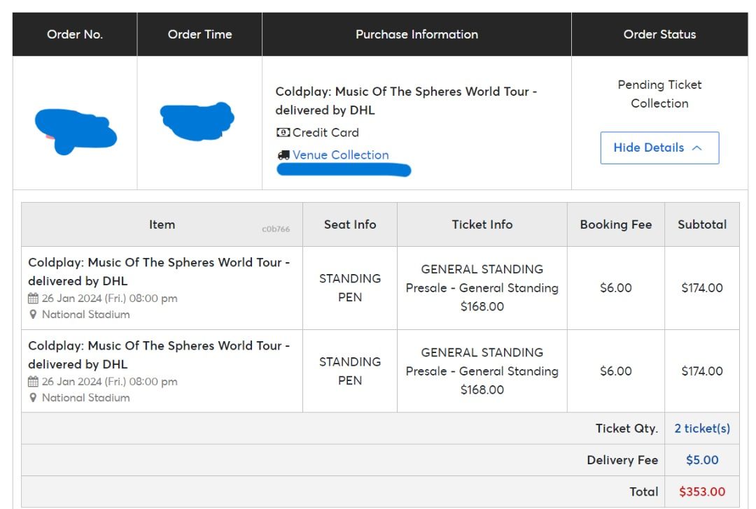 Singapore Coldplay Concert 26th January 2024, General Standing Ticket ...