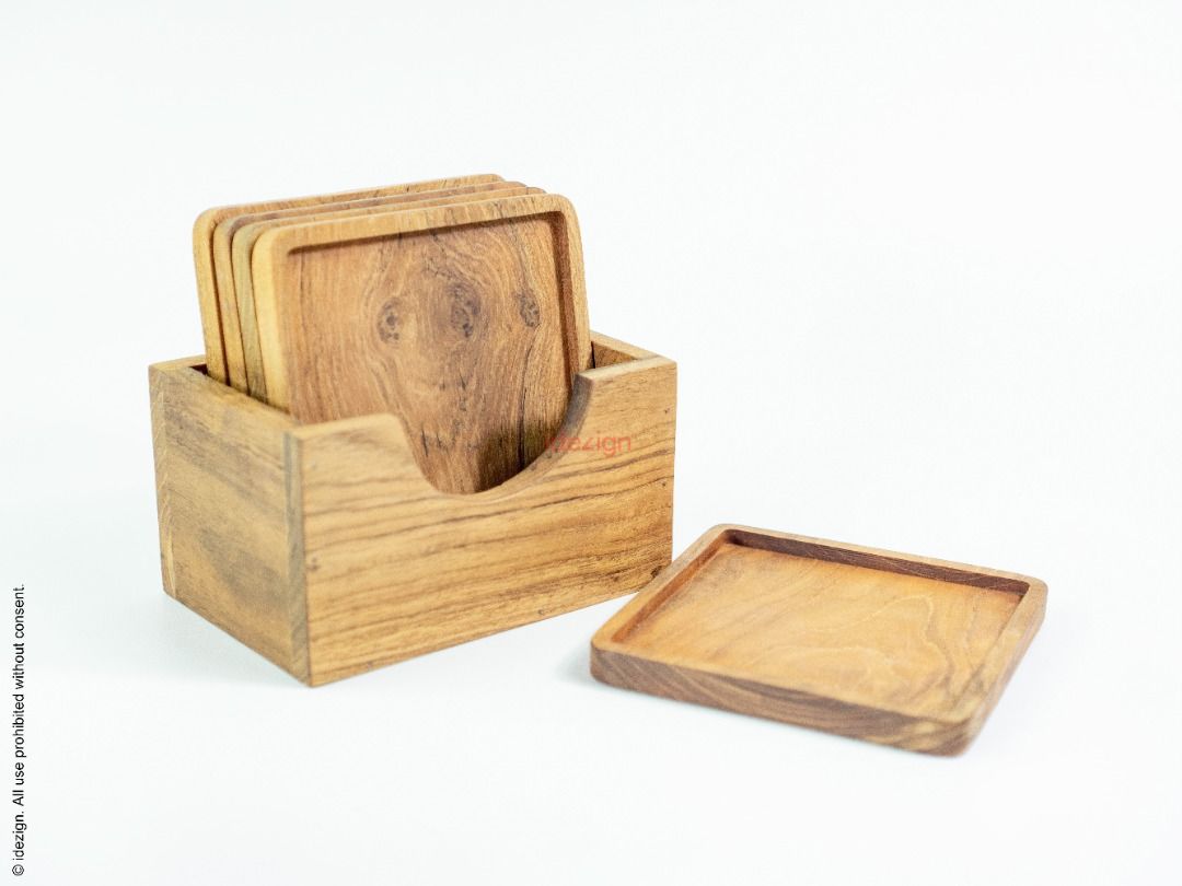 Teak Wood Coaster Set - Raised Edge, Stylish Holder - Artisan Crafted ...