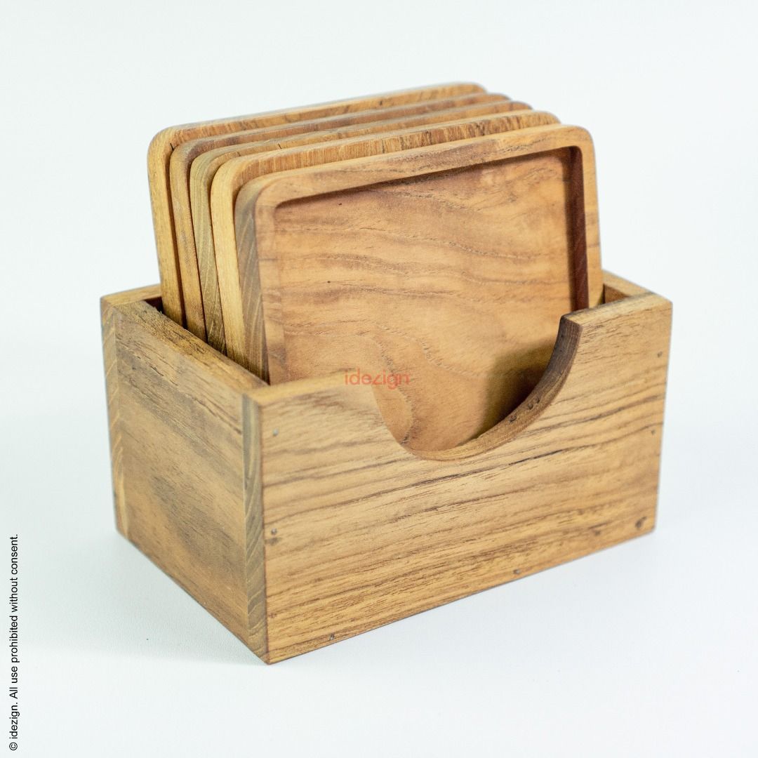 Teak Wood Coaster Set - Raised Edge, Stylish Holder - Artisan Crafted ...