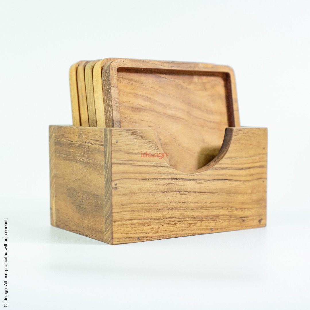 Teak Wood Coaster Set - Raised Edge, Stylish Holder - Artisan Crafted ...