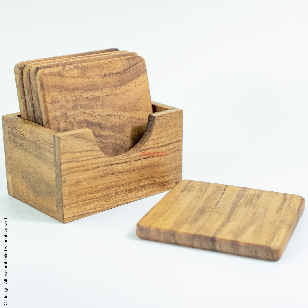 Teak Wood Coaster Set - Stylish Holder - Artisan Crafted, Shipped from ...