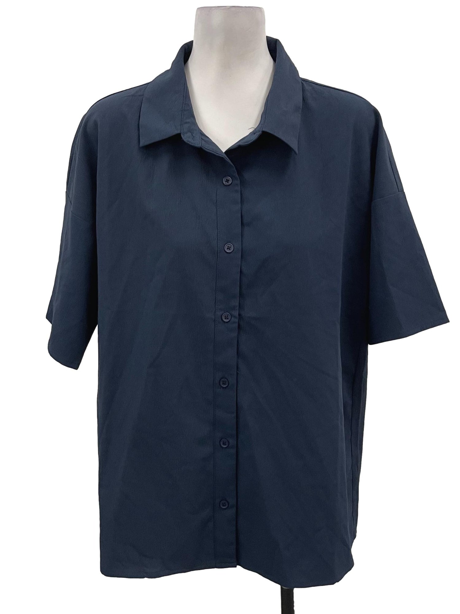 The Stage Walk Navy Blue Button Down Boxy Blouse, Women's Fashion, Tops ...