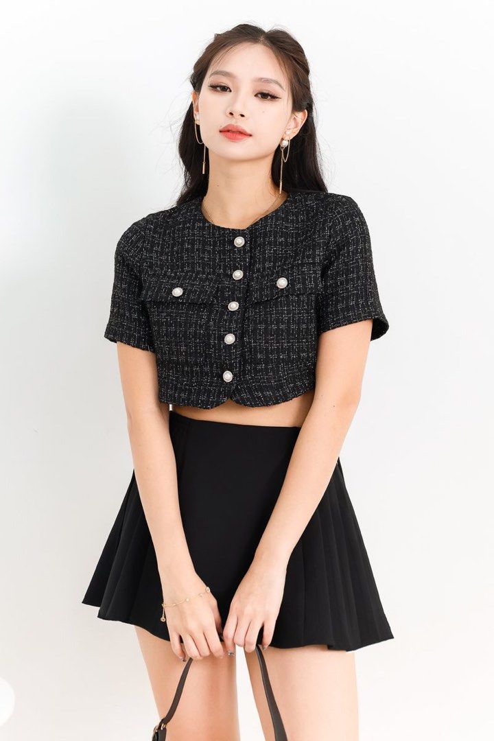 (SET) TSS Tiffany Tweed Co-Ord Top & Skorts in Black, Women's Fashion ...
