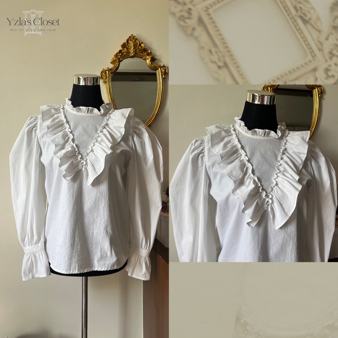 VINTAGE antique frilly white blouse with puff sleeves, Women's Fashion ...