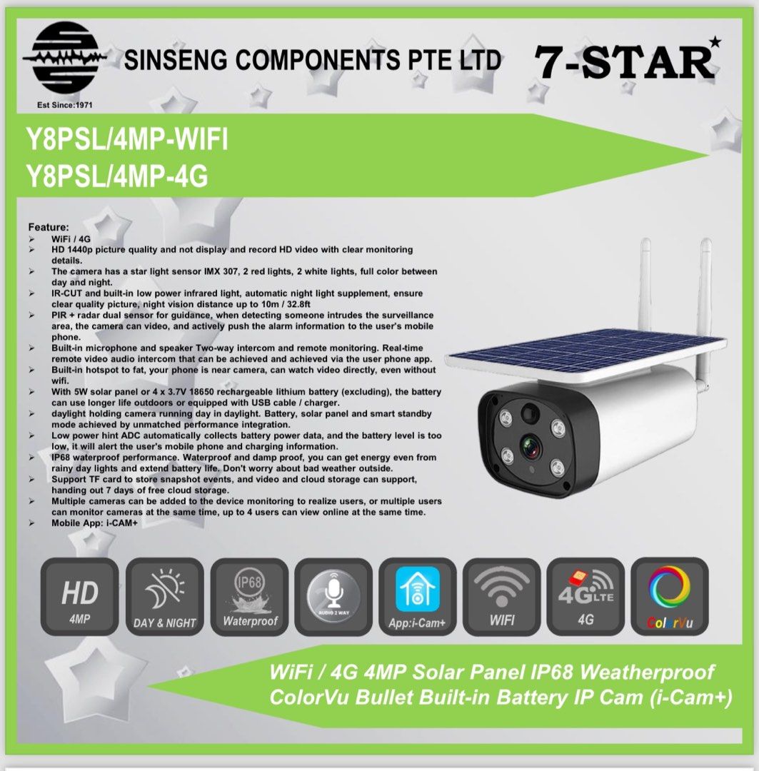 4MP Wifi or 4G Sim Card Y8PSL IP68 Starlight ColorVu Wireless Solar ...