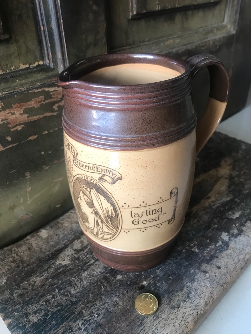 British Antique 1897 Queen Victoria Barrel Jug made by Doulton Lambeth ...