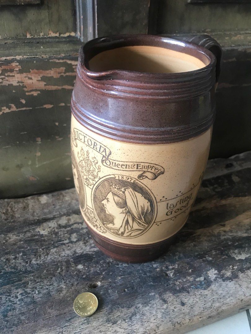 British Antique 1897 Queen Victoria Barrel Jug made by Doulton Lambeth ...
