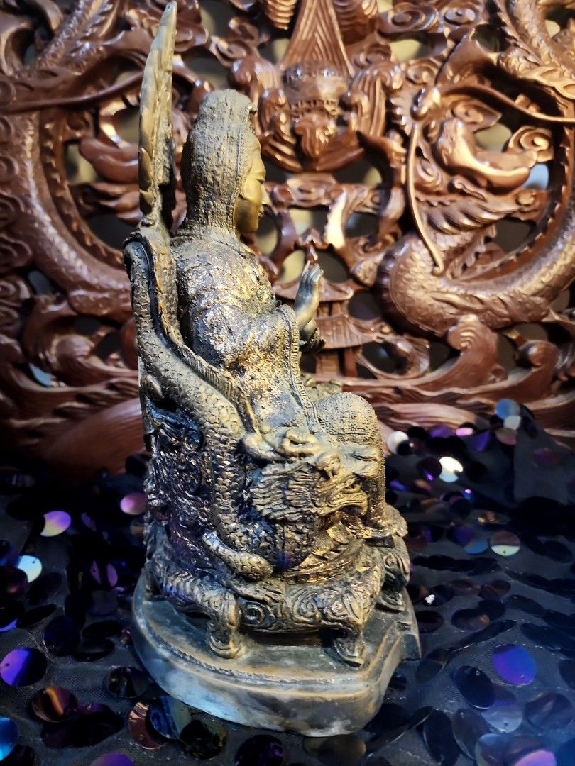 bronze kwan yin statue on dragon throne antique chinese, Hobbies & Toys ...