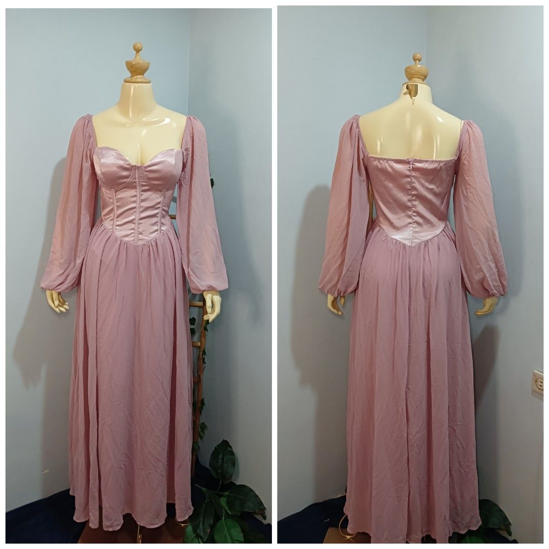 Dusty Pink Dress Sweetheart Neck Corset Style Bustier Lantern Sleeve ...