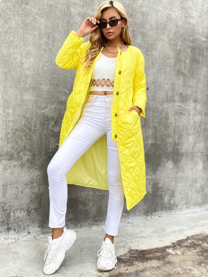 EILLY BAZAAR (M) Neon Yellow Split Back Quilted Coat, Women's Fashion ...