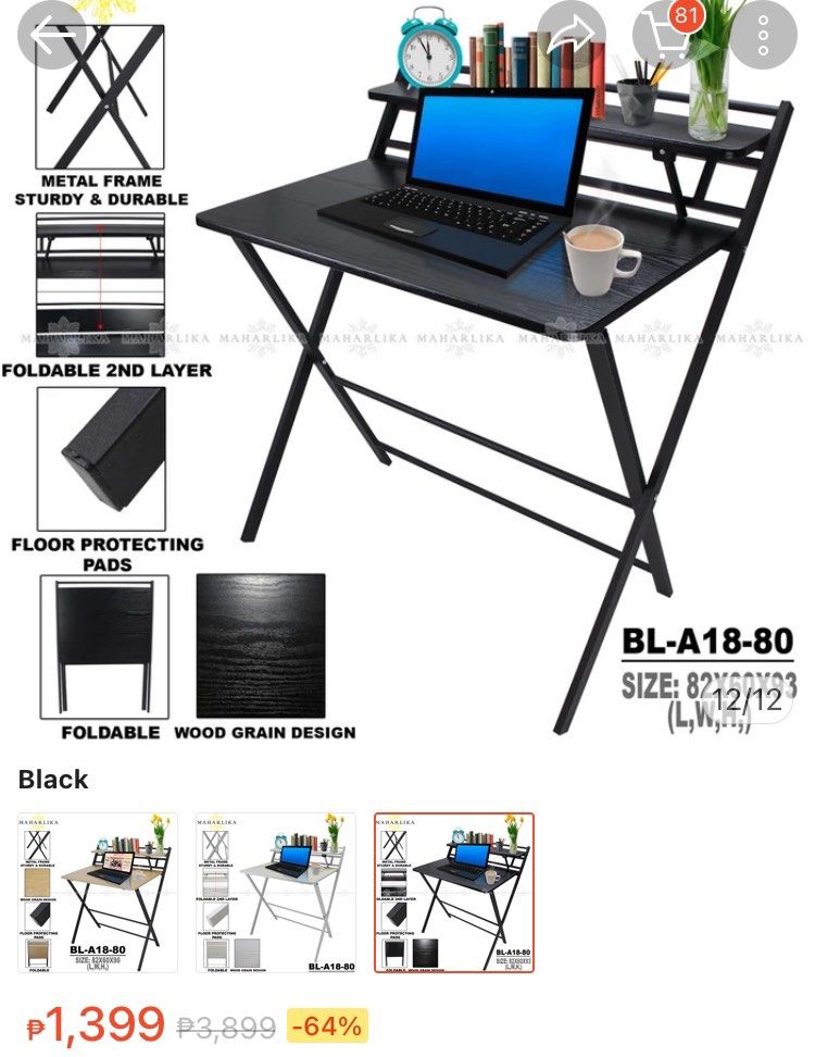 Foldable office table with foldable 2nd layer (black), Furniture & Home ...